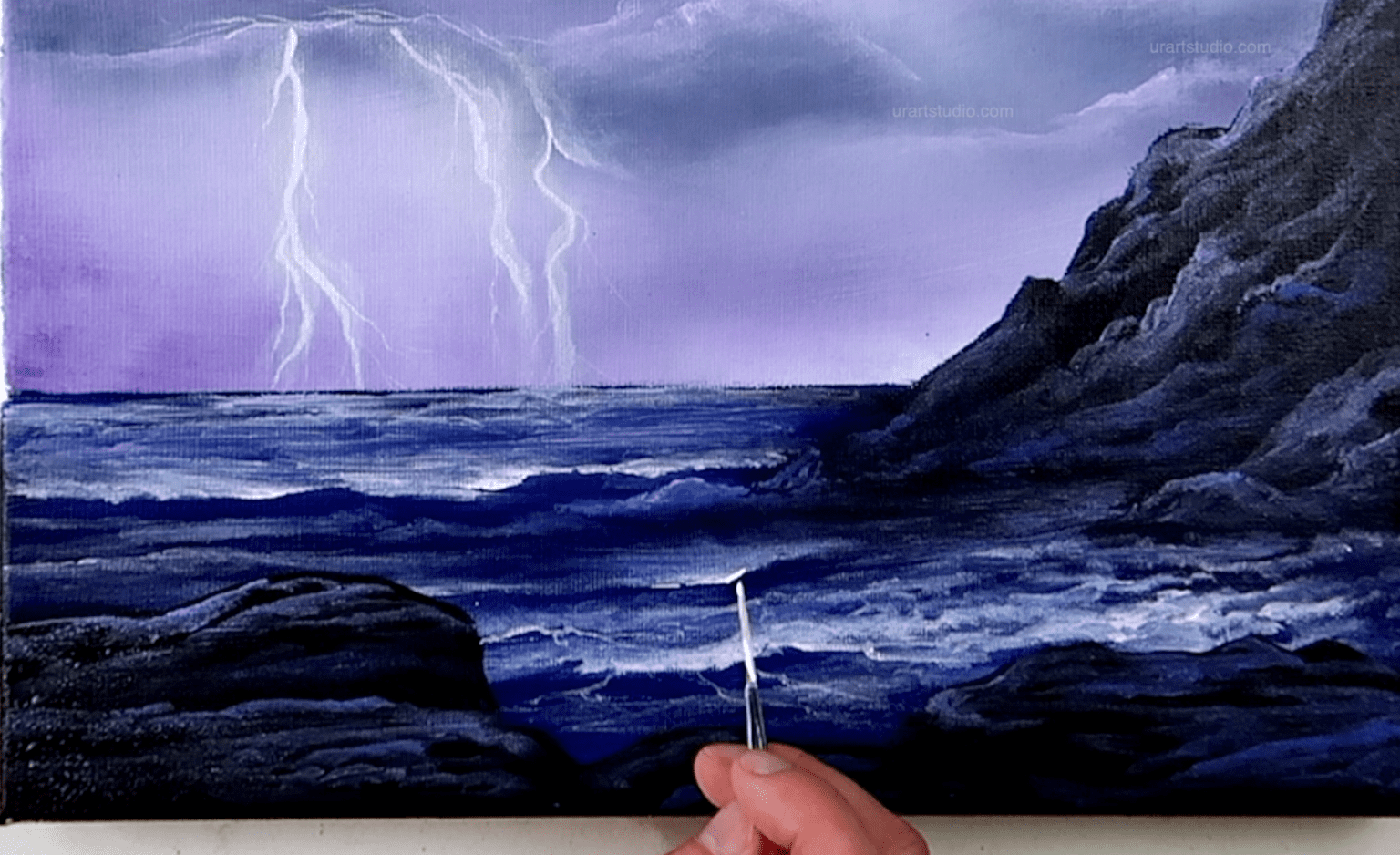 Distant lightning - acrylic step by step painting tutorial - UrArtStudio