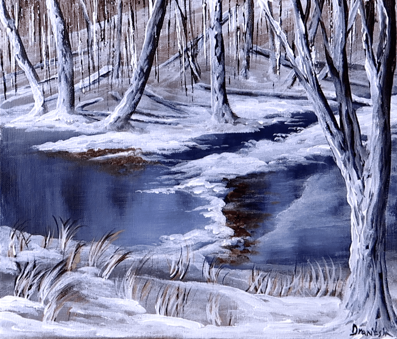 Serenity in Frost: Step-by-Step Painting of a Frozen Stream | Easy ...